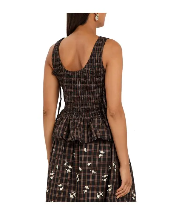 GANNI Checked Shirred Cotton-poplin Top