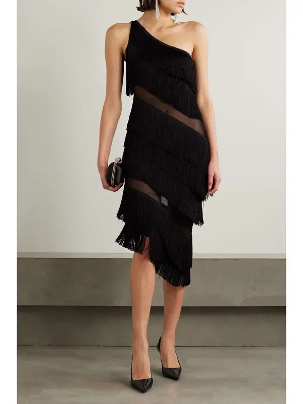 Norma Kamali One-shoulder Tasseled Asymmetrical Hem Dress