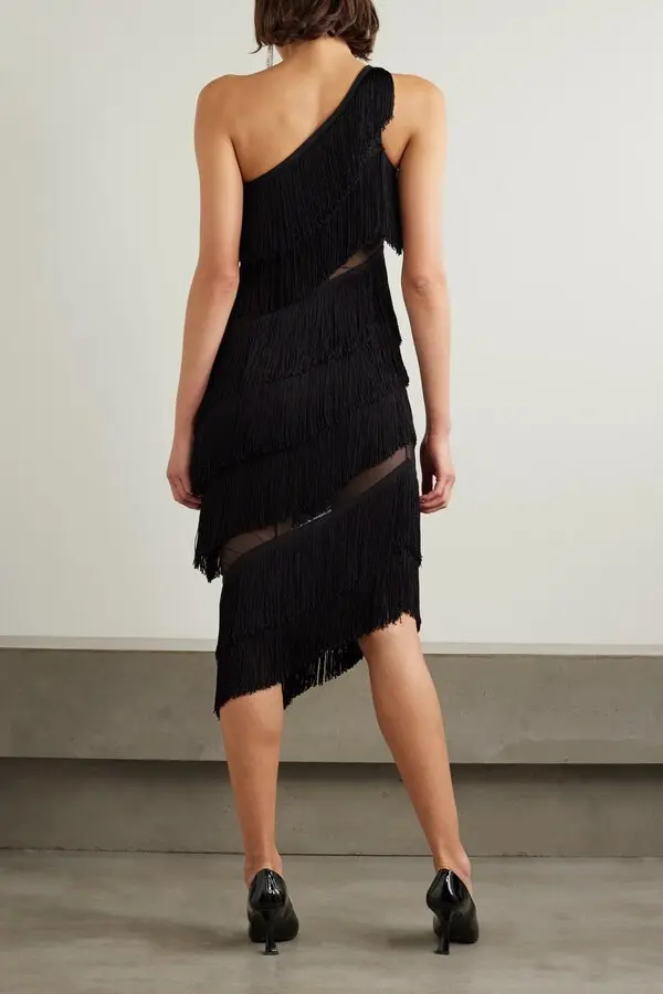 Norma Kamali One-shoulder Tasseled Asymmetrical Hem Dress