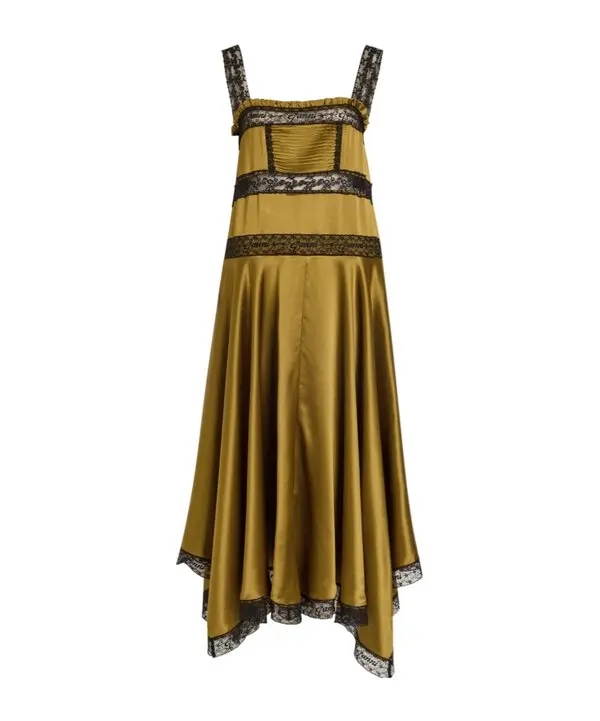 GANNI Lace-trim Satin Midi Slip Dress - Brown
