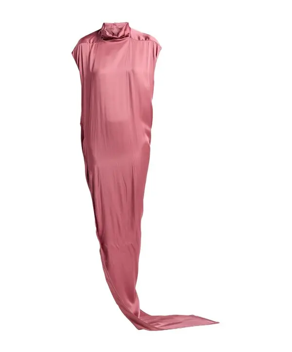 Rick Owens Plain Color Satin Turtleneck Short Sleeve Maxi Dress With Side Slit - Pink