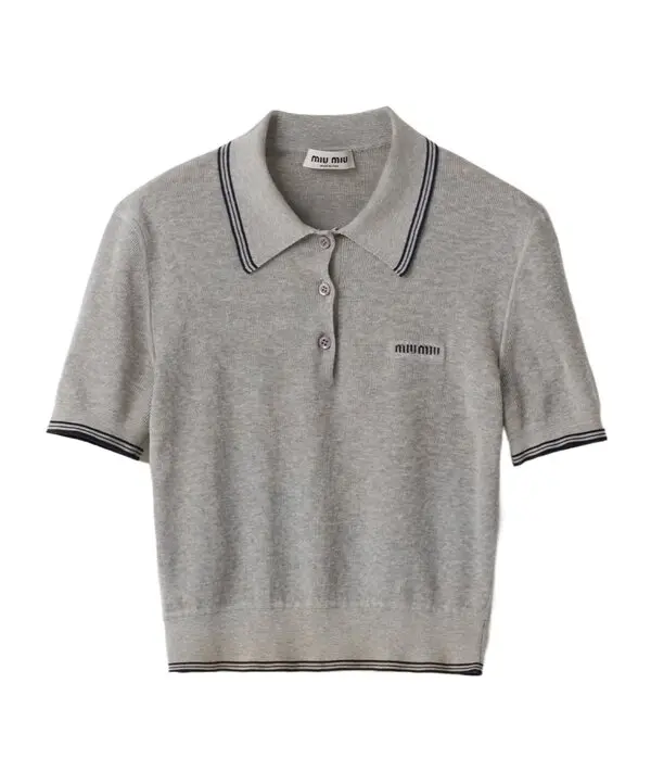 Miu Miu Cotton Jersey Polo Shirt With Ribbed Trim - Gray