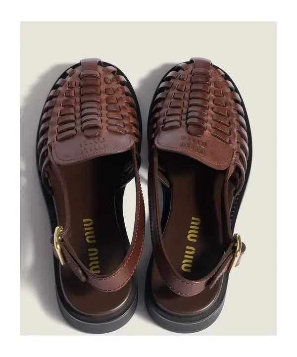 Miu Miu Woven Leather Slingback Loafers - Brown