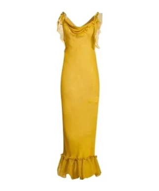 Saint Laurent Sleeveless Cowl Neck Midi Dress With Ruffled Hem - Yellow