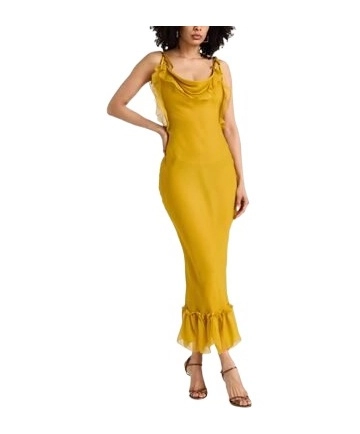 Saint Laurent Sleeveless Cowl Neck Midi Dress With Ruffled Hem