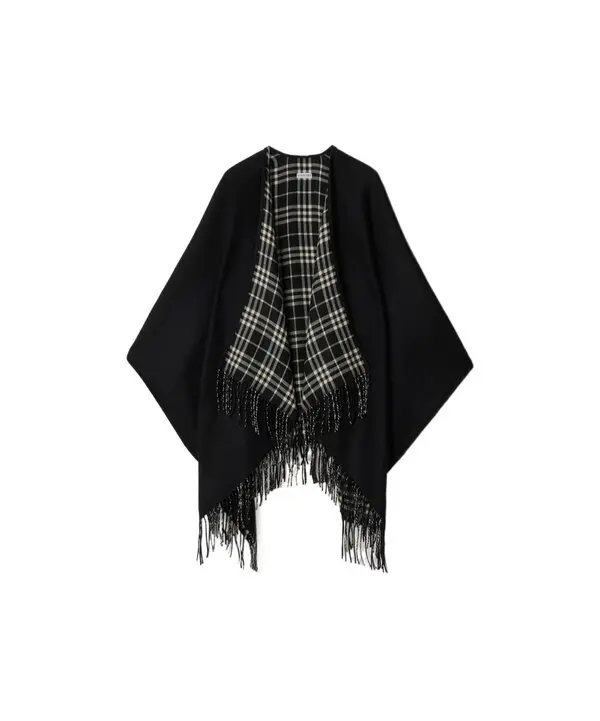 Burberry Reversible Checked Fringed Cape - Black/plain White