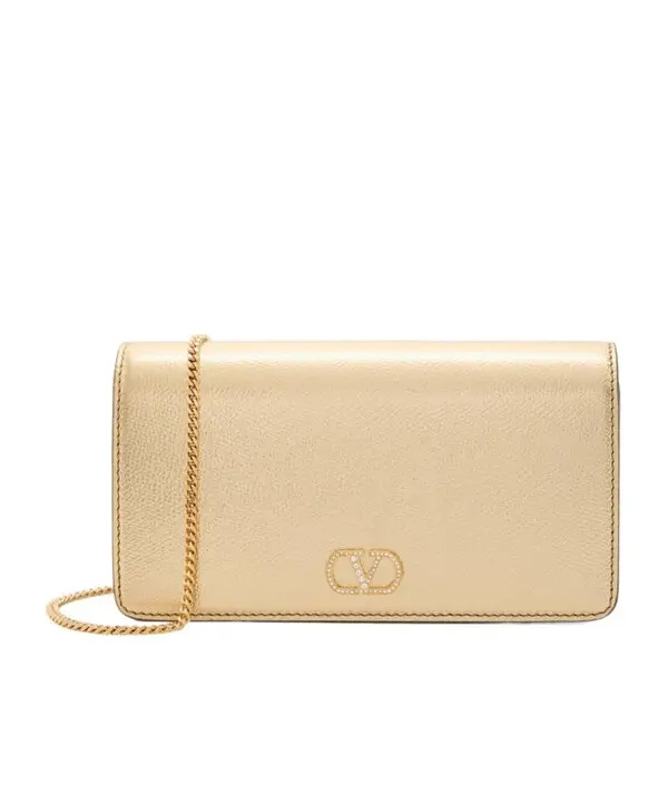 Valentino Garavani Vlogo Metallic Grained Leather Shoulder Bag - Nude