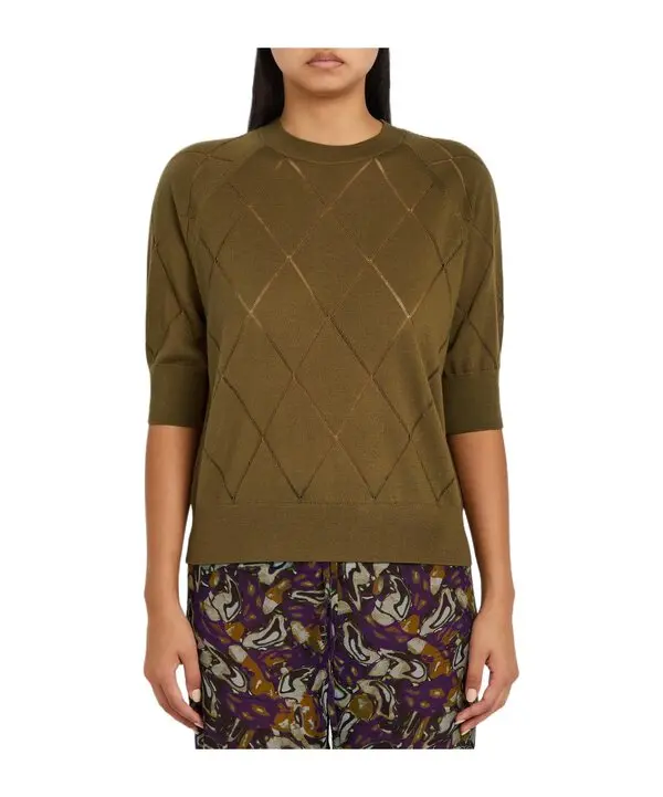 Dries Van Noten Merino Wool Diamond Stitch Top - Green