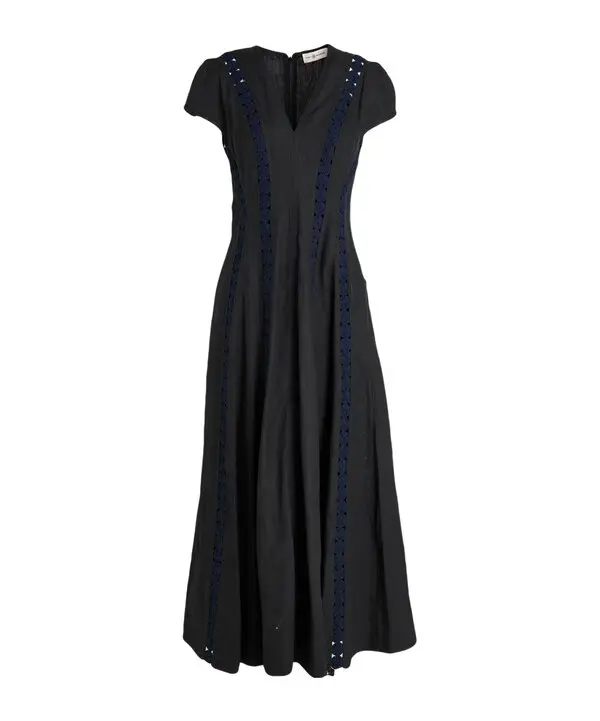 Tory Burch Linen V-neck Short Sleeve Dress With Appliqu