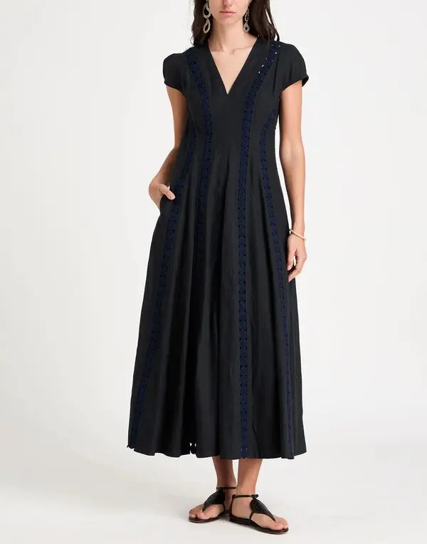 Tory Burch Linen V-neck Short Sleeve Dress With Appliqu