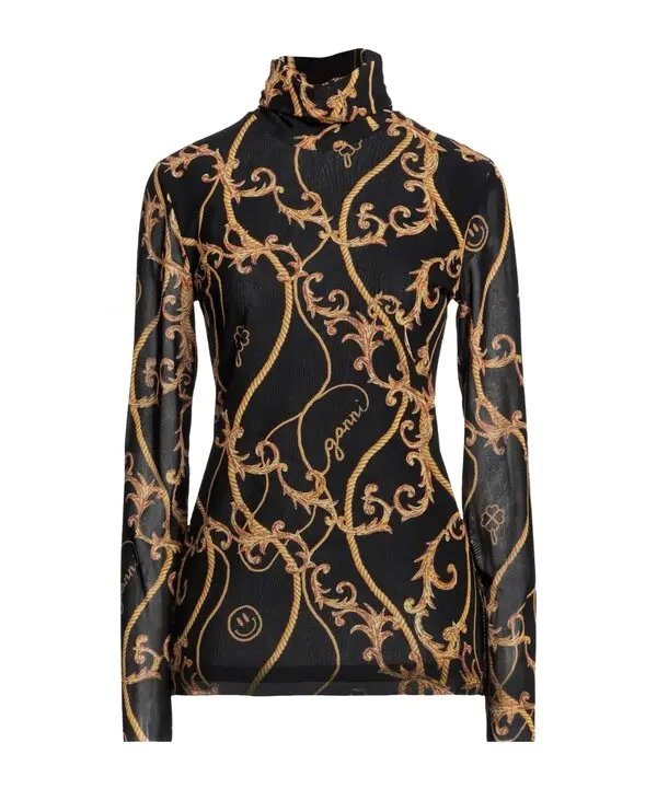 GANNI Multi-color Print Long Sleeve High Neck T-shirt - Black