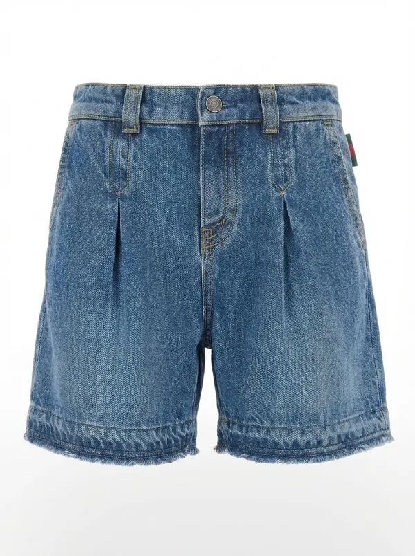 Gucci Pleated Denim Shorts With Raw Hem - Blue