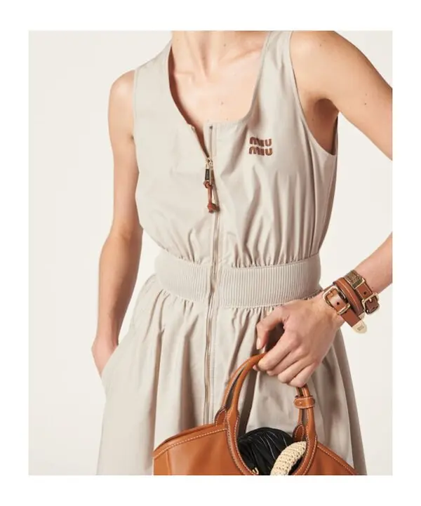 Miu Miu Sleeveless Panama Cotton Dress With Zipper - Limestone Color