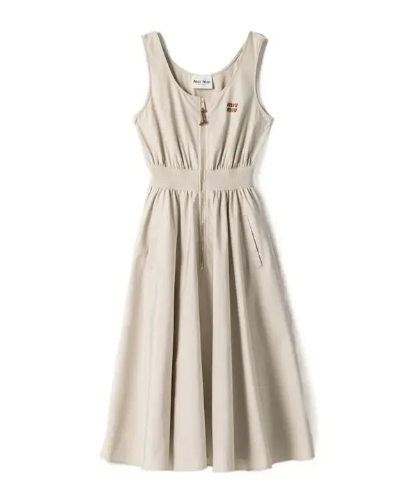 Miu Miu Sleeveless Panama Cotton Dress With Zipper - Limestone Color