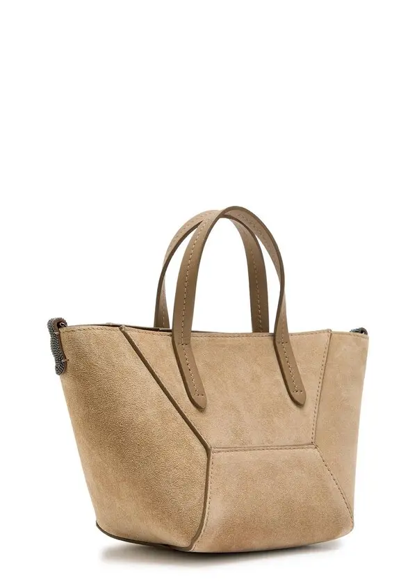 Brunello Cucinelli Suede Bead Embellished Mini Tote - Khaki
