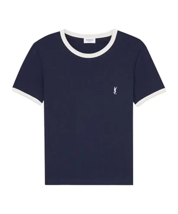 Saint Laurent Cassandre Ribbed Cotton Knit T-shirt - Navy/natural