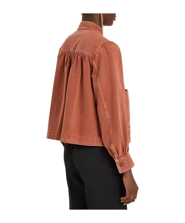 Chloé Denim Jacket With Stand Collar And Puff Sleeves - Brown