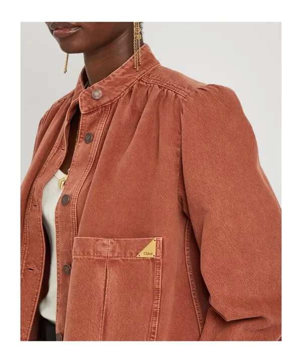 Chloé Denim Jacket With Stand Collar And Puff Sleeves - Brown