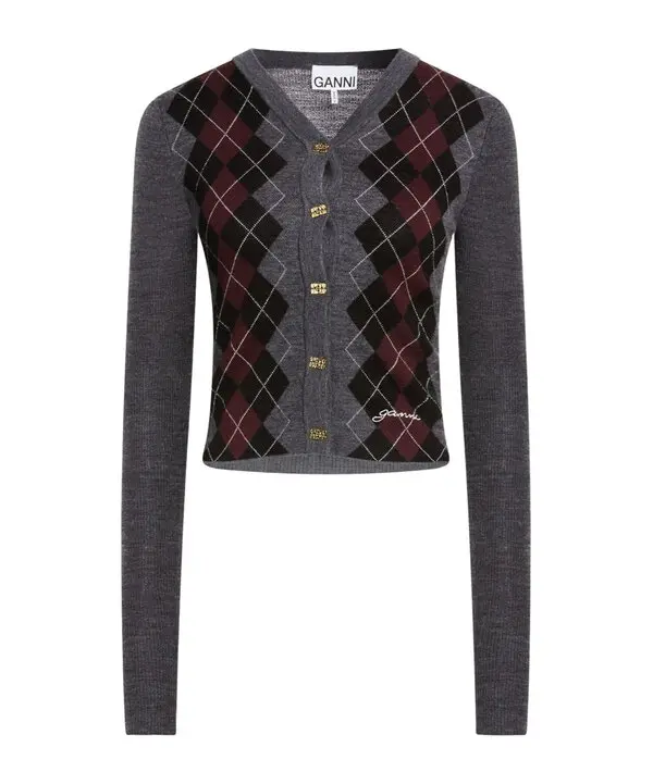 GANNI Argyle Cardigan With Button Closure And Embroidered Logo - Black