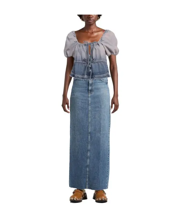 GANNI Square Neck Denim Top With Tassels