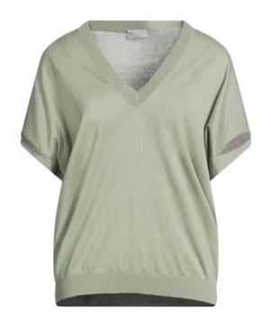 Brunello Cucinelli Short-sleeved V-neck Knitted Top With Metallic Trim