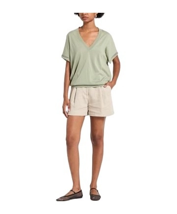 Brunello Cucinelli Short-sleeved V-neck Knitted Top With Metallic Trim