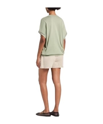 Brunello Cucinelli Short-sleeved V-neck Knitted Top With Metallic Trim