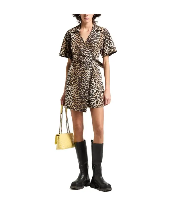GANNI Leopard Print V-neck Short Sleeve Dress With Tie Detail And Pockets - Multicolor