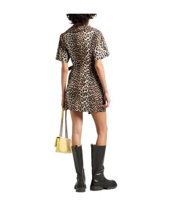 GANNI Leopard Print V-neck Short Sleeve Dress With Tie Detail And Pockets - Multicolor