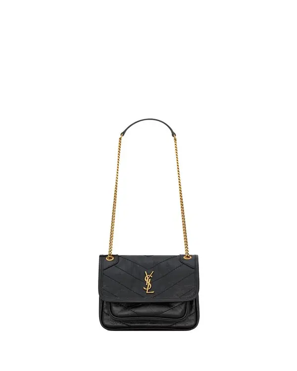 Saint Laurent Niki Baby In Vintage Leather With Chain Strap - Black