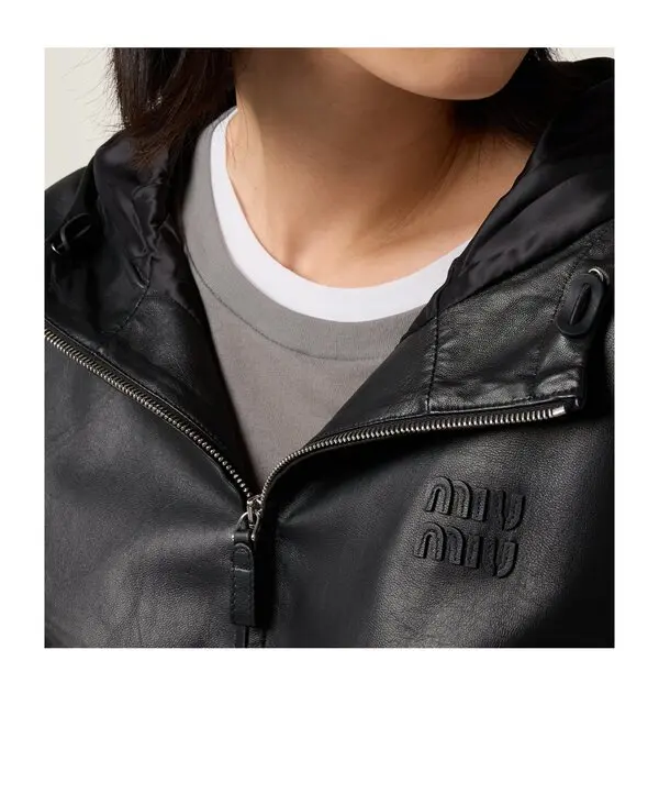 Miu Miu Nappa Leather Zip-up Hoodie Jacket With Embossed Logo