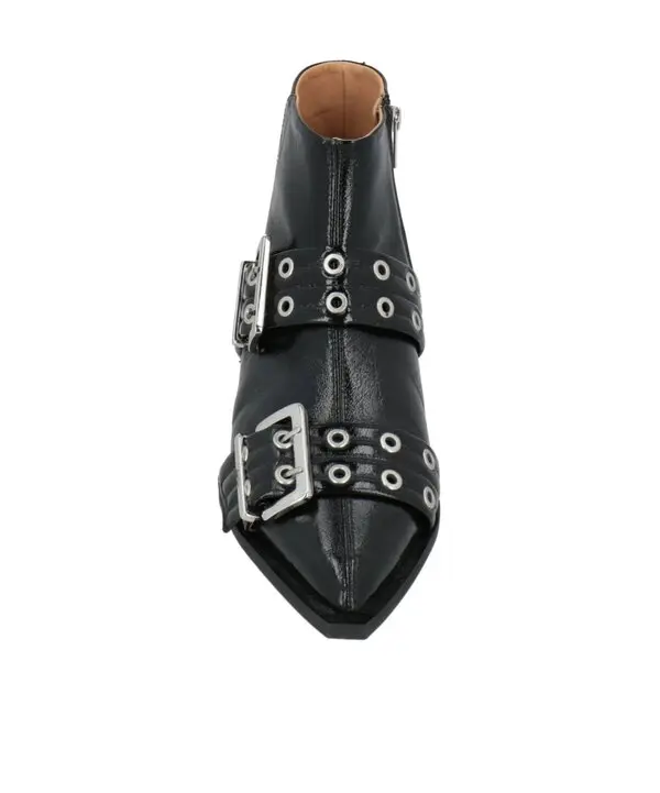 GANNI Glossy Square Toe Ankle Boots With Buckle Detail