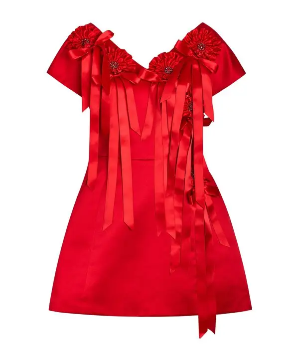 Simone Rocha Duchess Satin Mini Dress With Rosette Appliqués - Red