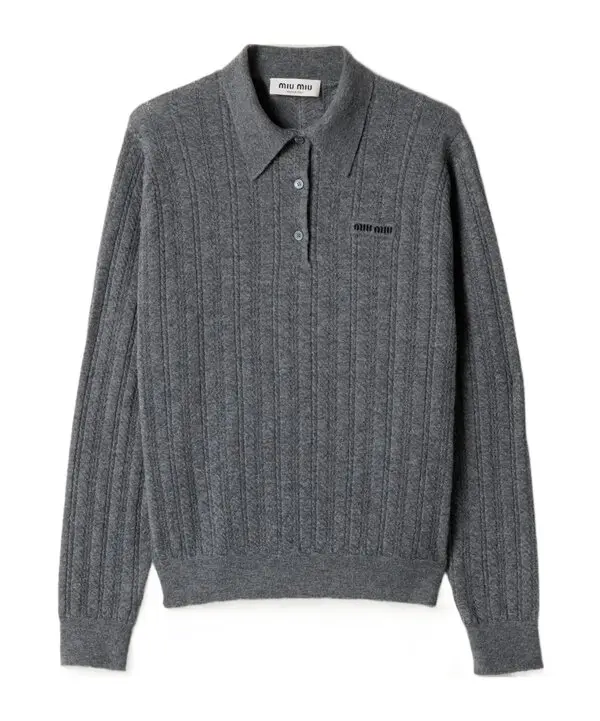 Miu Miu Cashmere Open Knit Polo Sweater With Ribbed Details