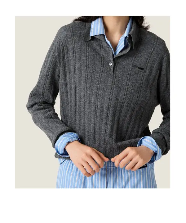 Miu Miu Cashmere Open Knit Polo Sweater With Ribbed Details