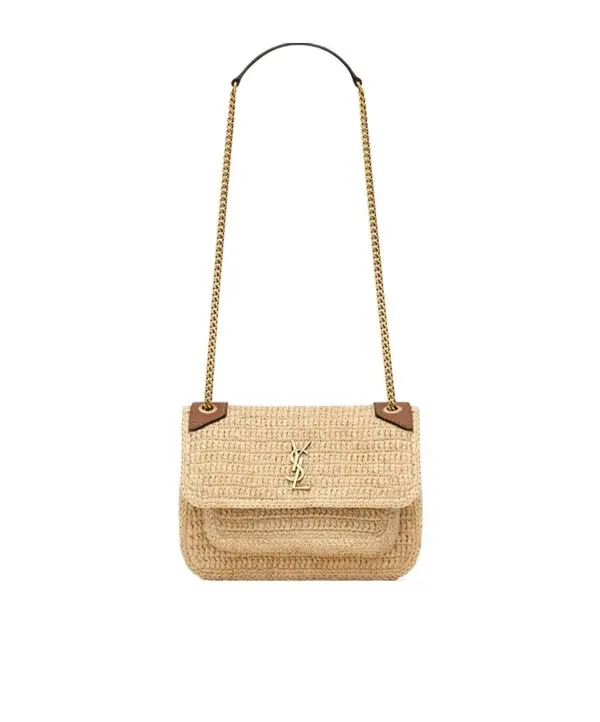 Saint Laurent Niki Mini In Raffia With Chain Strap - Nude
