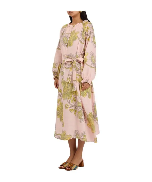 La DoubleJ Printed Belted Linen Midi Shirt Dress