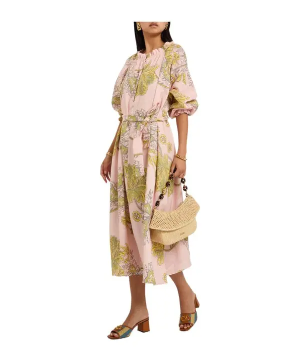 La DoubleJ Printed Belted Linen Midi Shirt Dress