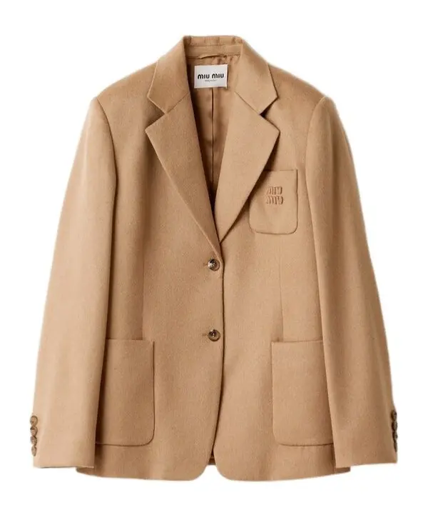 Miu Miu Single-breasted Camel Hair Blazer With Embroidered Logo