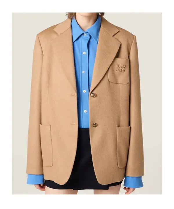 Miu Miu Single-breasted Camel Hair Blazer With Embroidered Logo