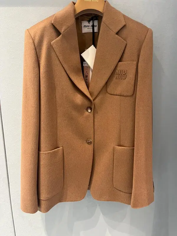 Miu Miu Single-breasted Camel Hair Blazer With Embroidered Logo