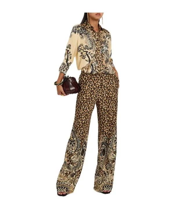 Etro Leopard Print & Paisley Silk Trousers