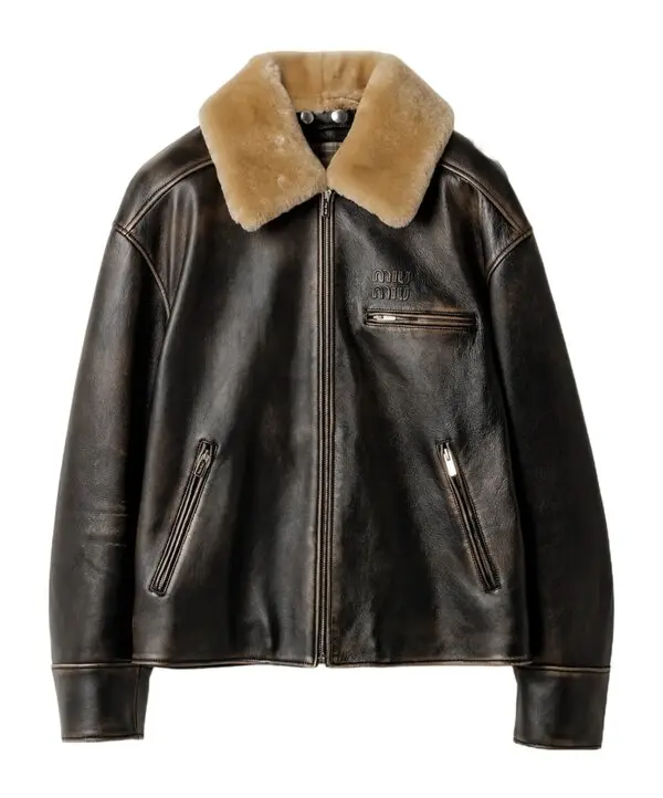 Miu Miu Distressed Nappa Leather Aviator Jacket With Shearling Collar