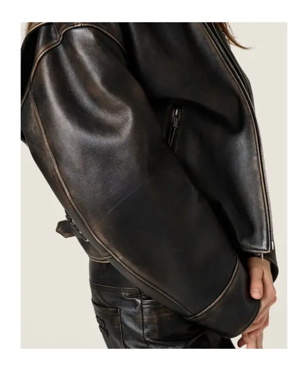 Miu Miu Distressed Nappa Leather Aviator Jacket With Shearling Collar