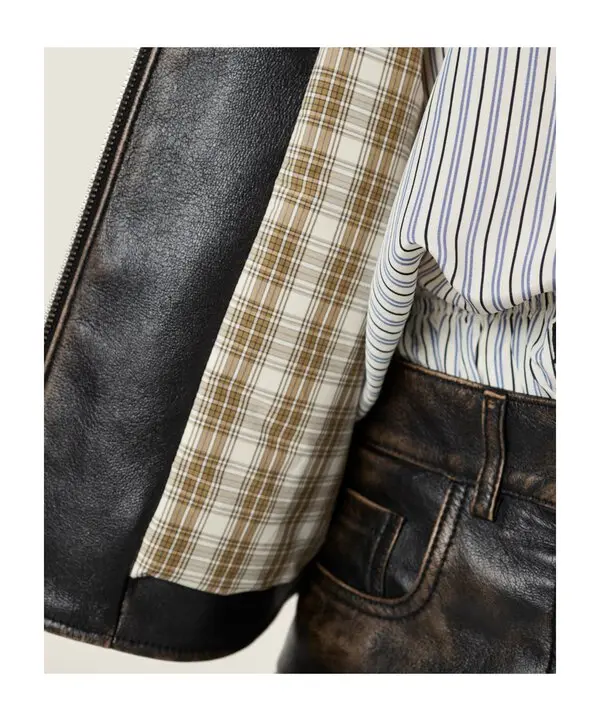 Miu Miu Distressed Nappa Leather Aviator Jacket With Shearling Collar
