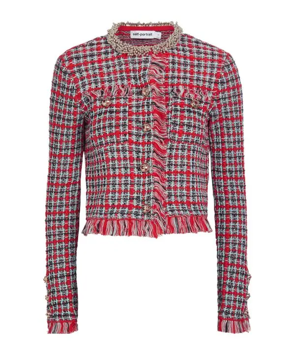 SELF-PORTRAIT Checked Knit Jacket With Crystal Embellishments - Multicolor