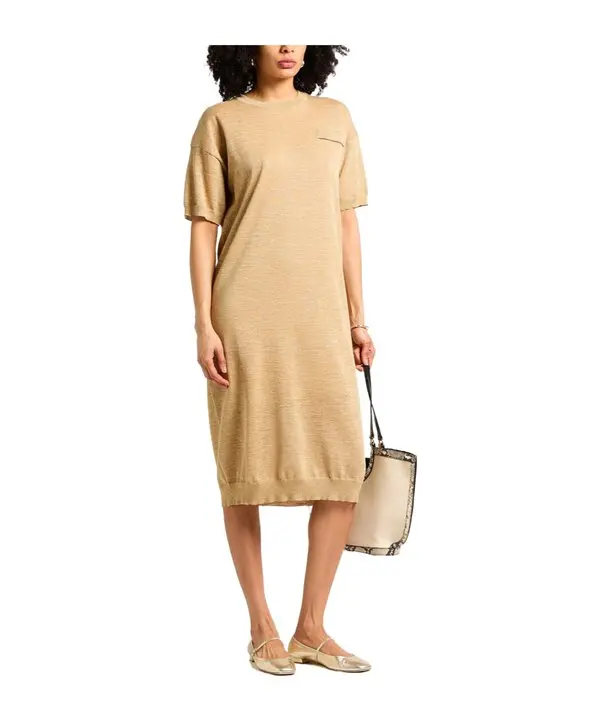 Brunello Cucinelli Metallic Knit Crewneck Dress