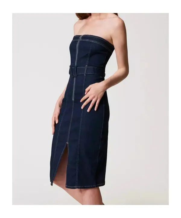 TWINSET Denim Bustier Dress With Front Zipper And Logo Detail