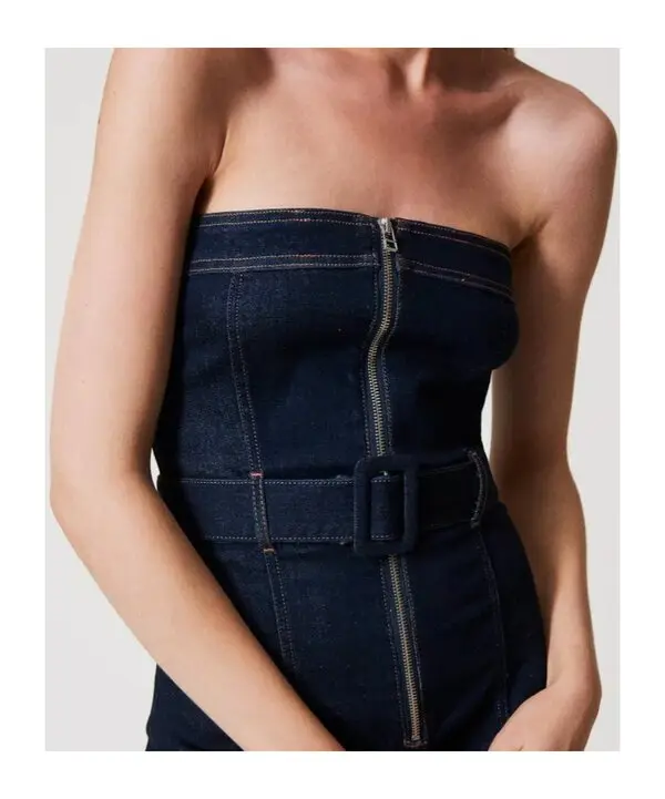TWINSET Denim Bustier Dress With Front Zipper And Logo Detail