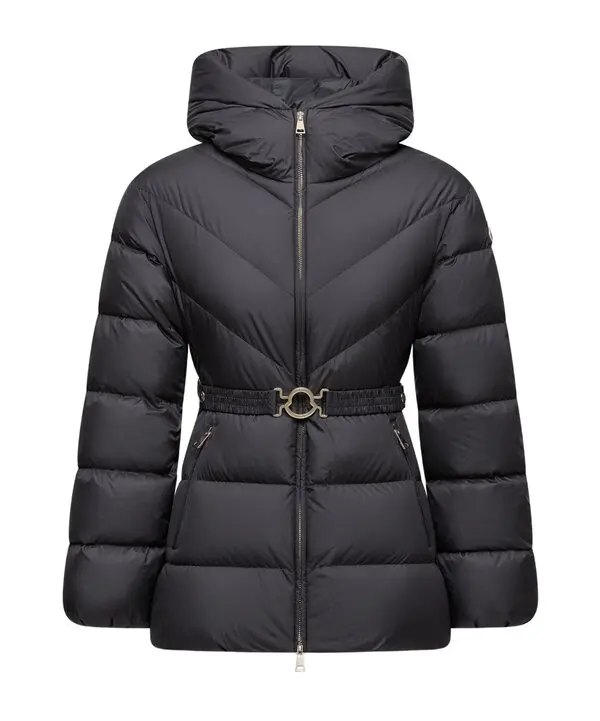 Moncler Diagonal-quilted Hooded Short Down Jacket With Logo Buckle Belt